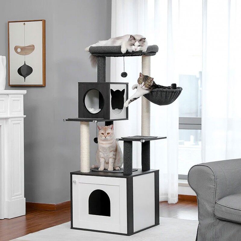 Contemporary Wood Cat Tree with Litter Box Cabinet