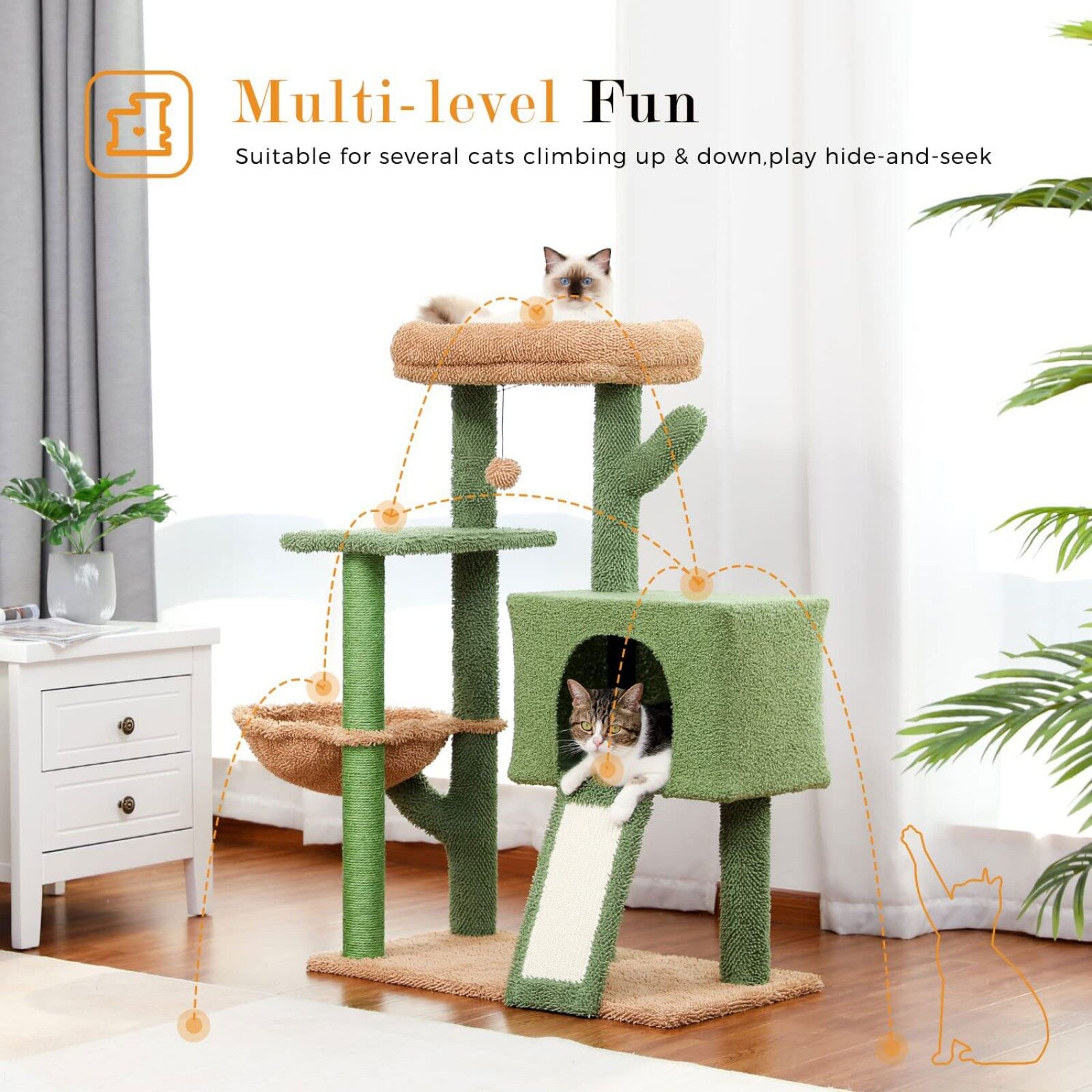 Cactus-Themed Cat Tree with Large Perch & House