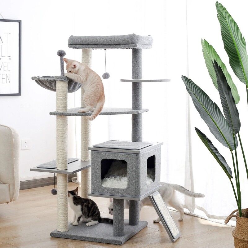Modern Wooden Cat Tree with Sisal Posts for Large Cats